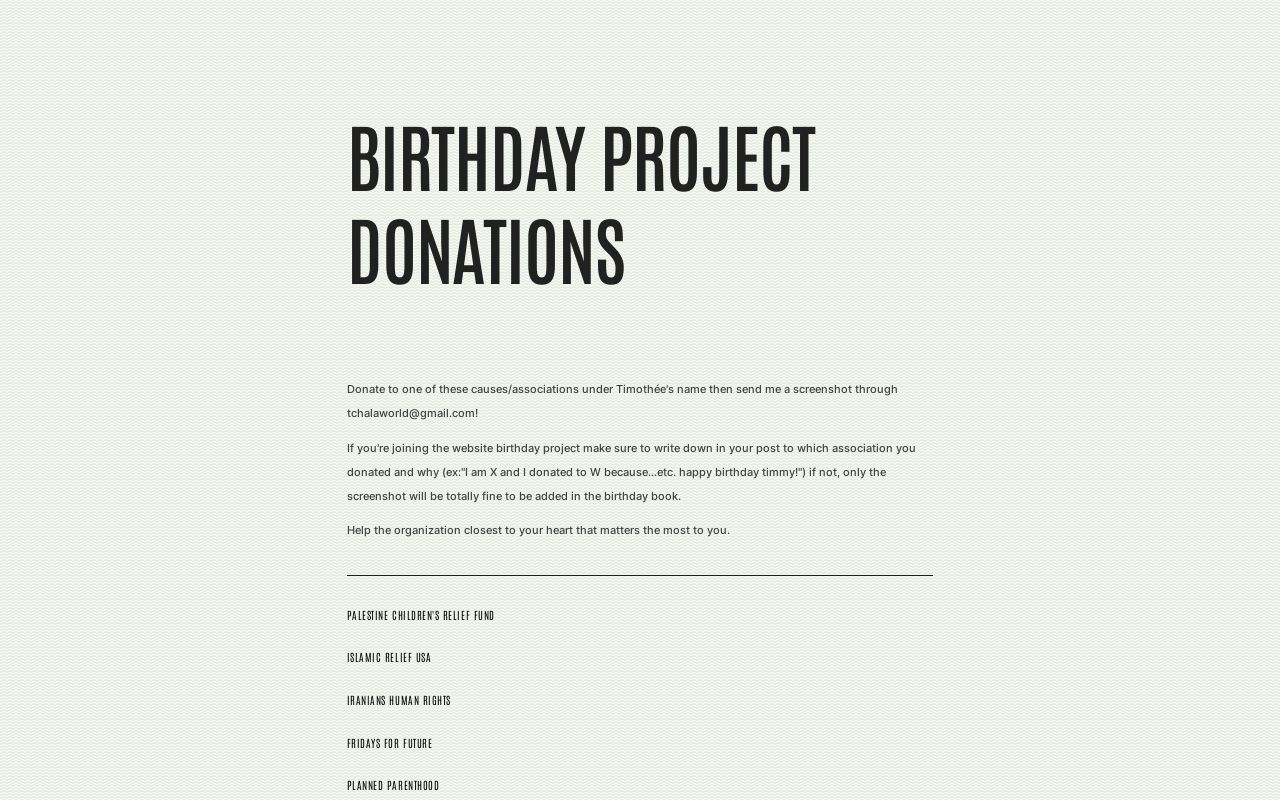 BIRTHDAY PROJECT DONATIONS